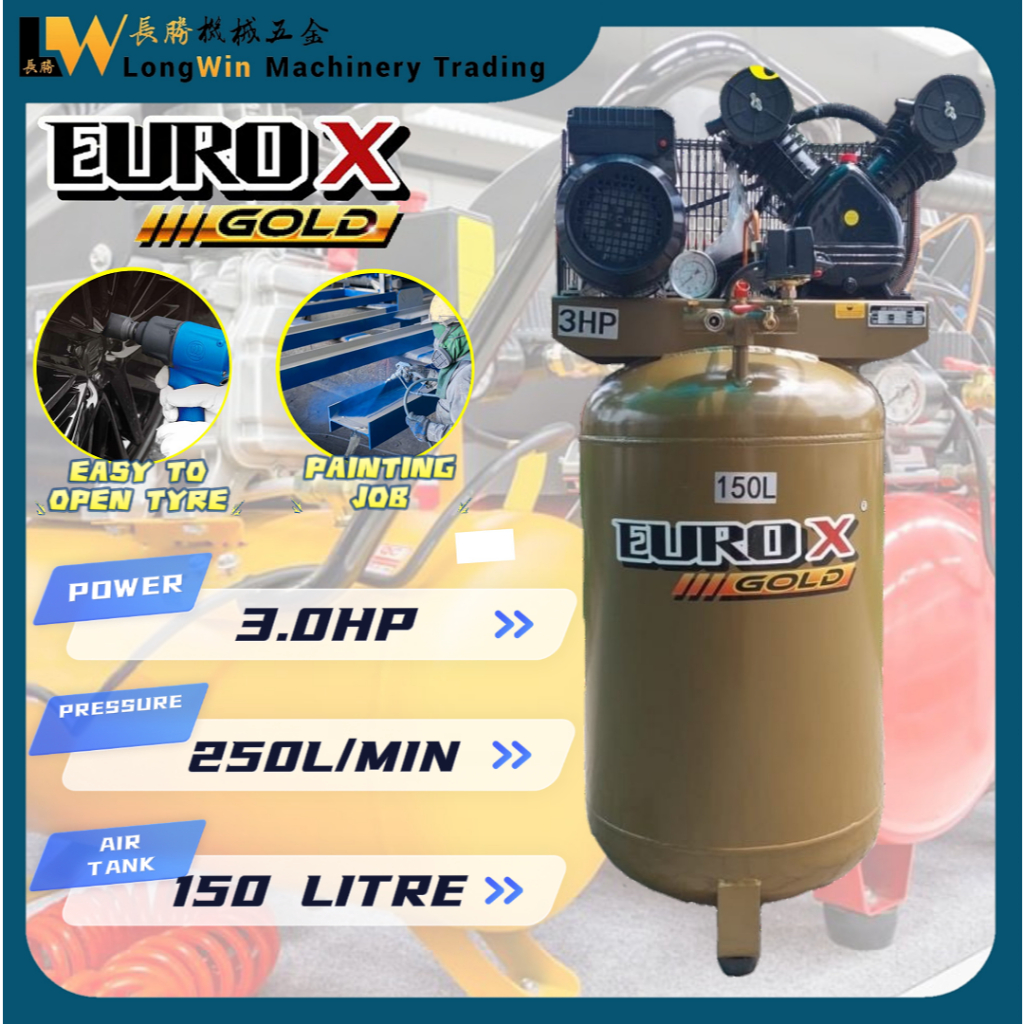 EUROX/// EAW6131G V-Twin Pump Design Single Phase Portable Stand Air Compressor 3HP 150Litre ...