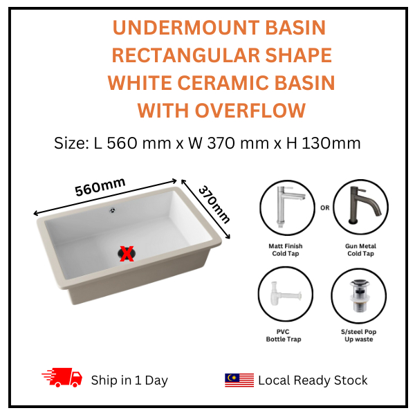 560mm Premium Quality Gloss White Rectangular Ceramic Undermount Basin ...