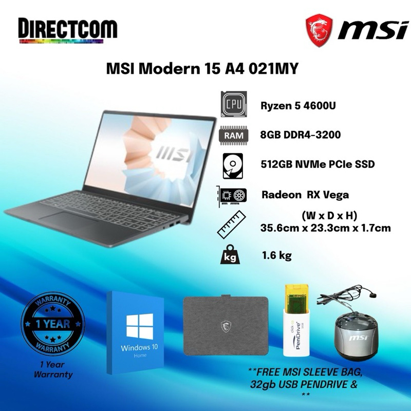 MSI Modern 15 A4M 021MY Laptop Grey (RYZEN 5 4500U/8GB/512GB SSD/AMD RADEON/W10) | Shopee Malaysia