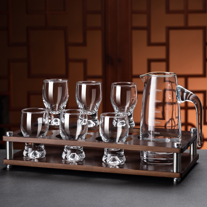 55ml Curved Glass Set 6 Glasses With 300ml Decanter Dark Wooden Rack ...