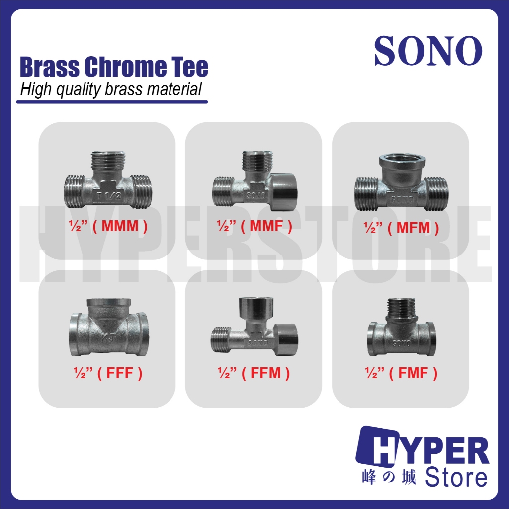 SONO Fitting | (MMM / FFF / MMF / FFM / MFM / FMF) Brass Chrome Tee ...