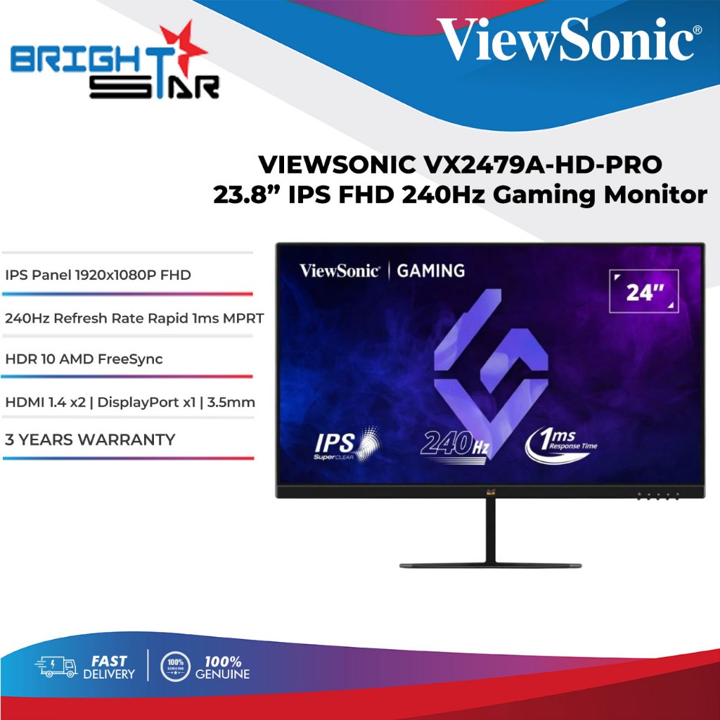 VIEWSONIC VX2479A-HD-PRO 23.8" IPS FHD Gaming Monitor (240Hz/1ms/2x ...