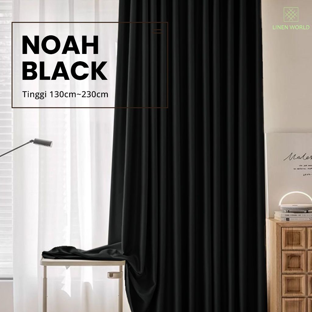 NOAH Curtain 80% Blackout Warna Solid Black Licin Lembut Hook / Ring ...