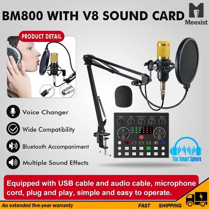 100% Original BM-800 Condenser Microphone Kit With V8/V8S Multifunctional Live Sound Card ...