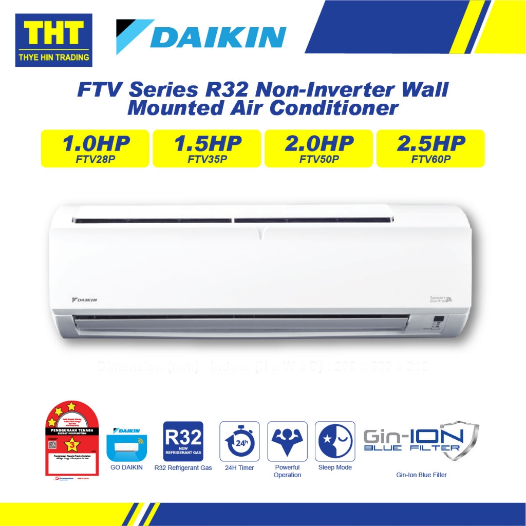 Daikin 1.0HP/1.5HP/2.0HP/2.5HP Non-Inverter Air Conditioner With WIFI 冷气机 FTV-PB FTV28PB/FTV35PB ...
