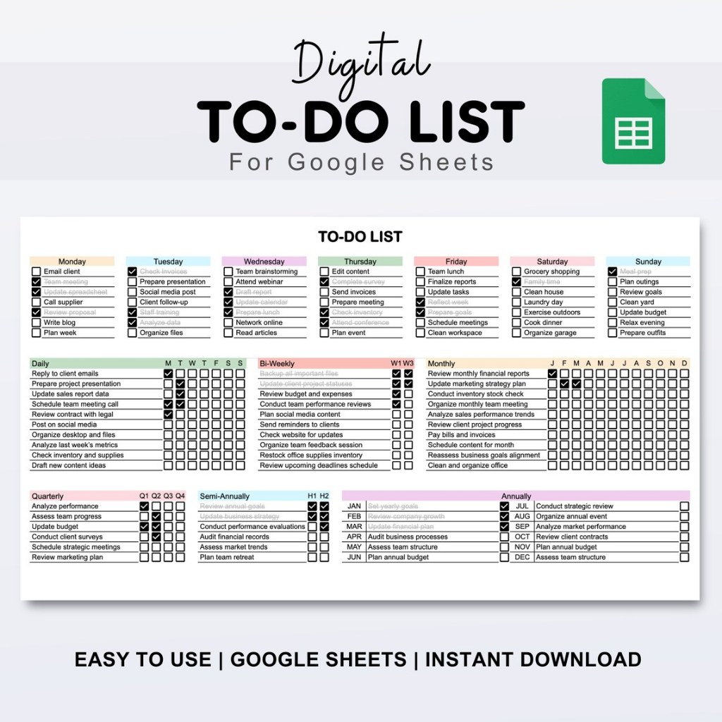 Digital Todo List Template For Google Sheets To-do List Spreadsheet For Daily Weekly Monthly ...