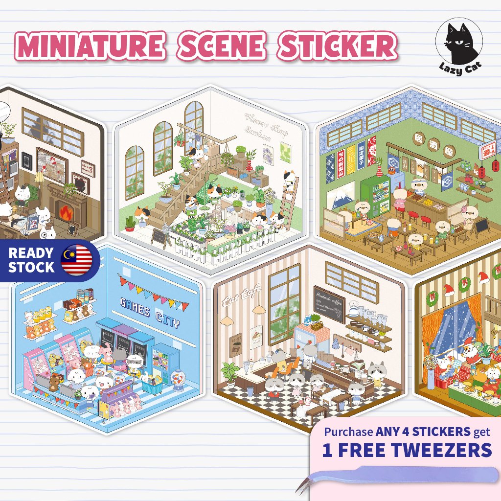 Lazy Cat 3D Miniature Scenes Sticker DIY Cute Cat Cartoon Journal Korea ...