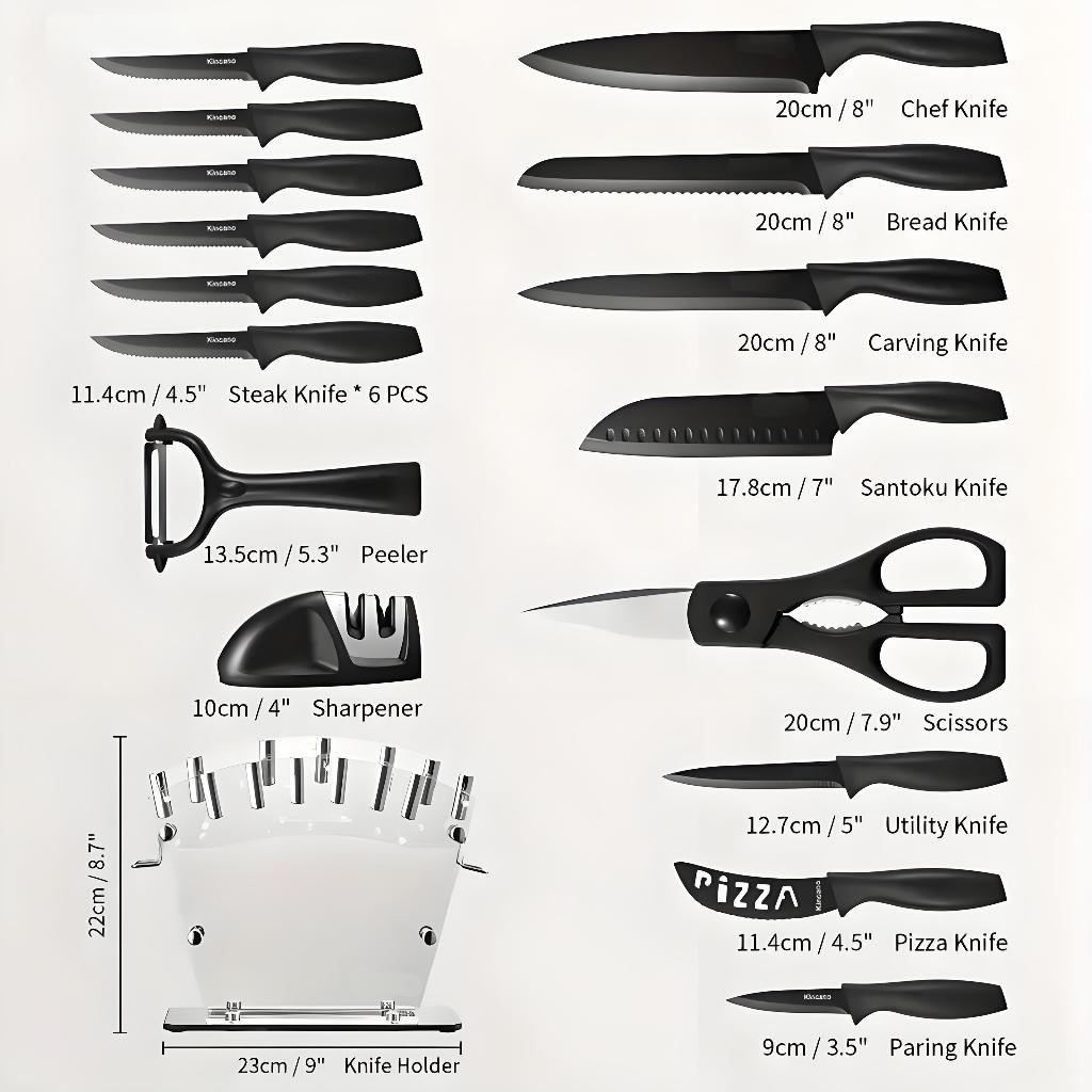 17-Piece Kitchen Knives set with Acrylic Block Sharpener Multipurpose ...
