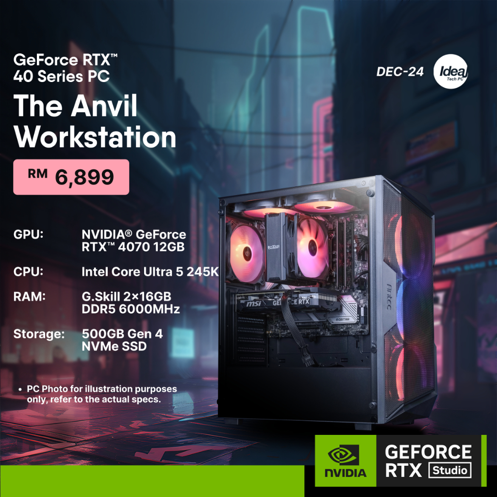 IDEALTECH THE ANVIL WORKSTATION PC PACKAGE ( CORE ULTRA 5 / RTX4070 12GB / 16GB RAM / 500GB SSD ...