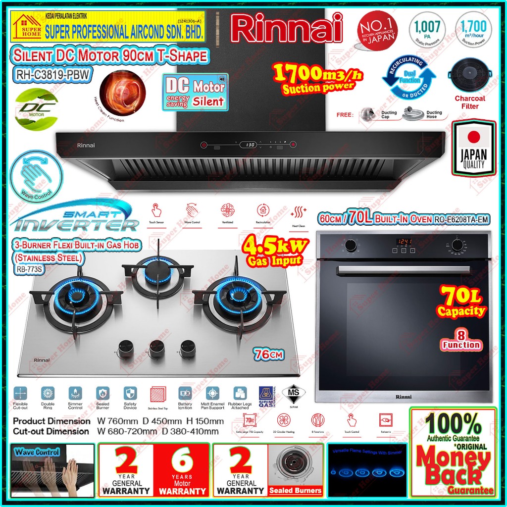 Rinnai Chimney Hood RH-C3819-PBW DC Motor / Rinnai Gas Hob RB-773S (S.Steel) / Rinnai Built-In ...
