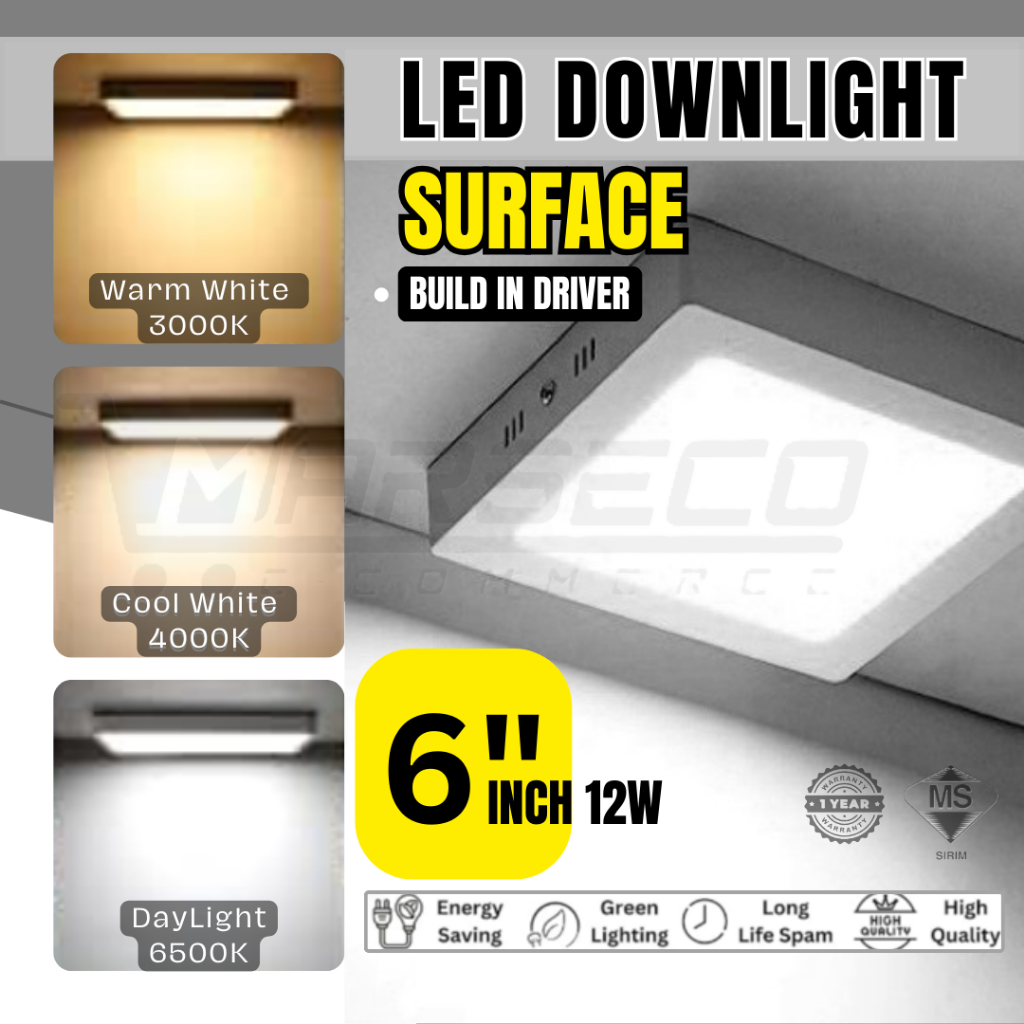 【MARSECO】 6 Inch Surface LED Downlight Square 12W Lampu Rumah Ceiling ...