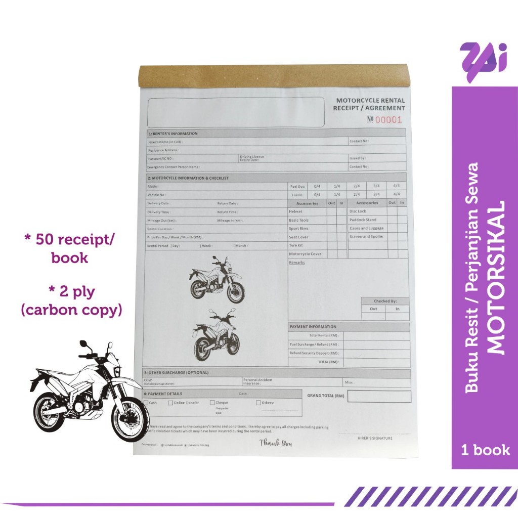 Buku Resit / Perjanjian Sewa Motorsikal ( Motorcycle Rental Receipt ...
