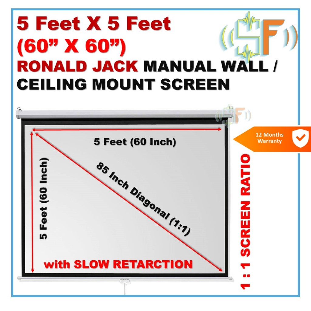 Manual Wall Ceiling Mount Projector Screen 5X5 5 Feet x 5 Feet 1:1 ...