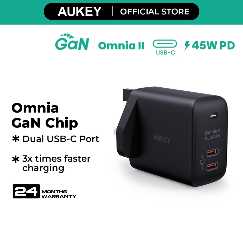 Aukey PA-B4T Omnia ll 45W 2 USB C Port PD Charge GaN Fast Technology Charger | Shopee Malaysia