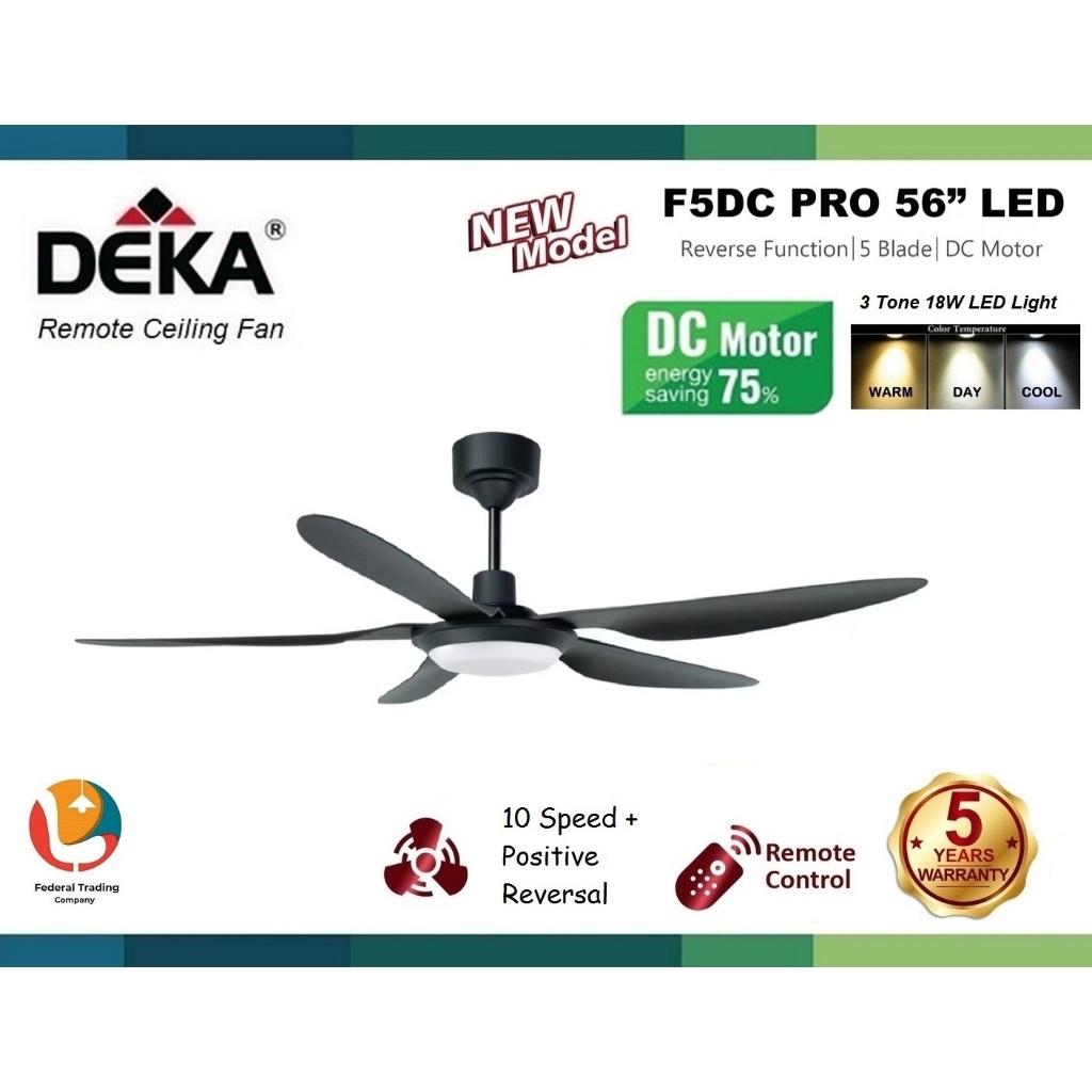 DEKA F5DC LED Pro Remote Ceiling Fan with LED Light 10 Speed DC Motor ...