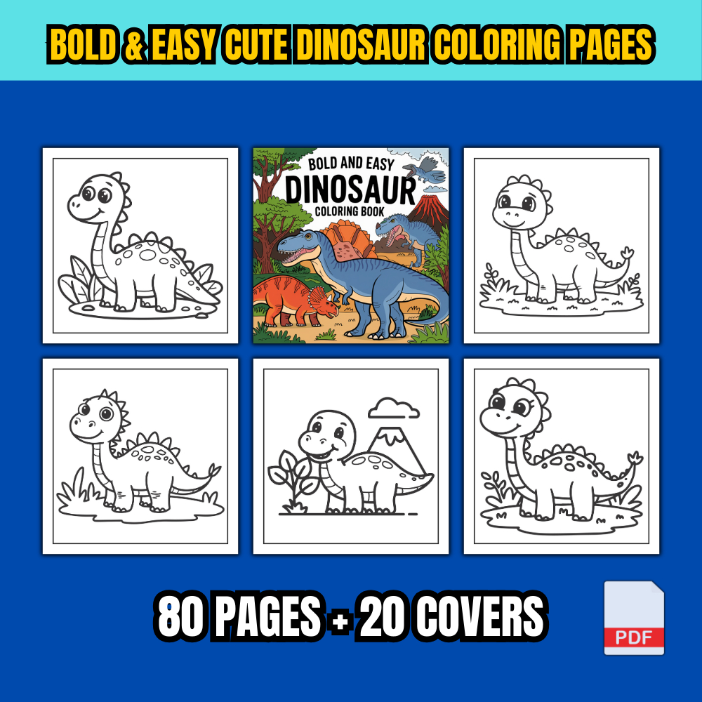 [PDF] BOLD & EASY CUTE DINOSAUR COLORING PAGES FOR KIDS (80 PAGES + 20 ...