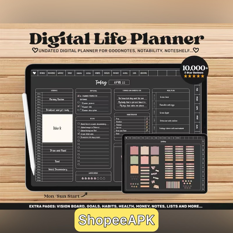 Undated Goodnotes Planner, Dark Mode Digital Planner, iPad Planner ...