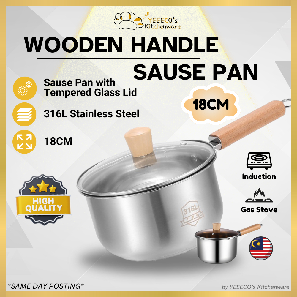 YEEECO's Wooden Handle Stainless Steel Sause Pan with Lid 18CM Maggi ...