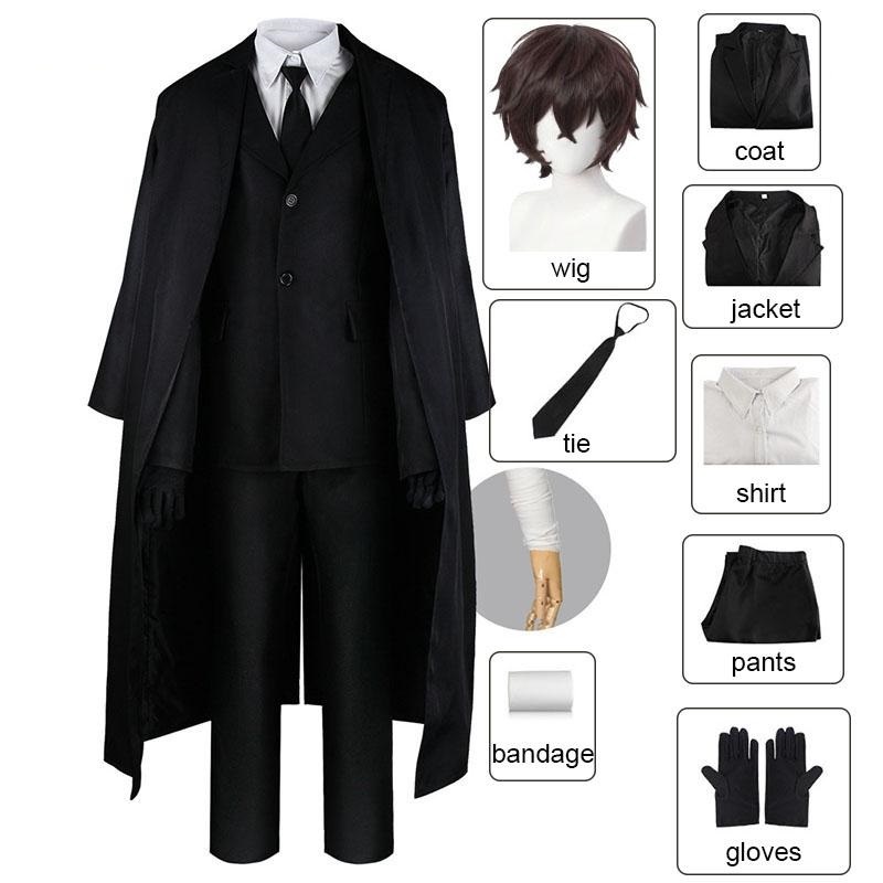 Dazai Cosplay Costume Black Trench Jacket Pants Gloves bandage Dazai ...