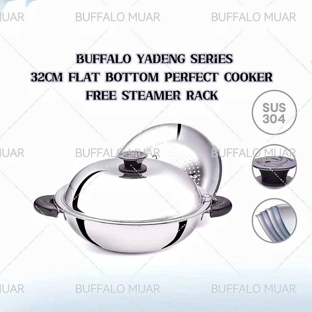 Tiantian BUFFALO YADENG SERIES S/S 32CM FLAT BOTTOM PERFECT FRYING WOK | FREE STEAM RACK | 304 S ...