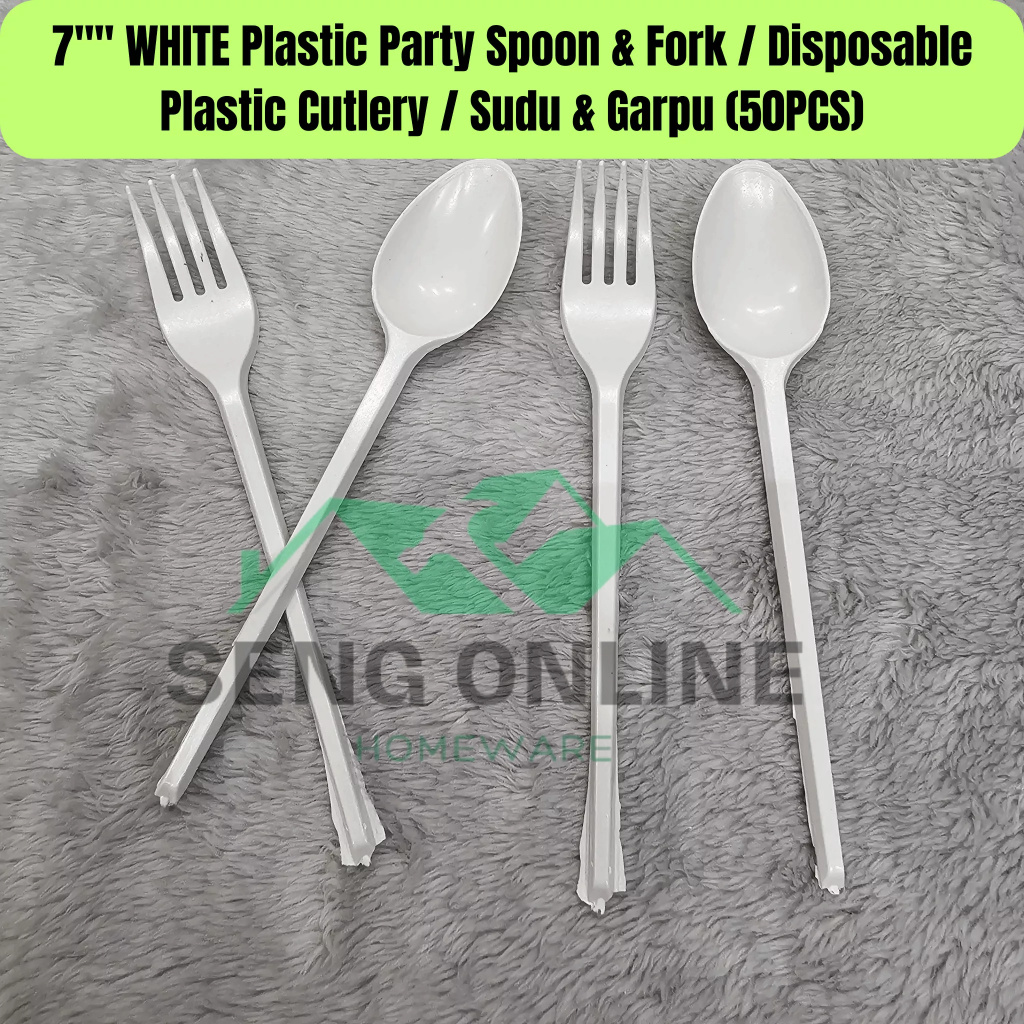 7" WHITE Plastic Party Spoon & Fork / Disposable Plastic Cutlery / Sudu ...
