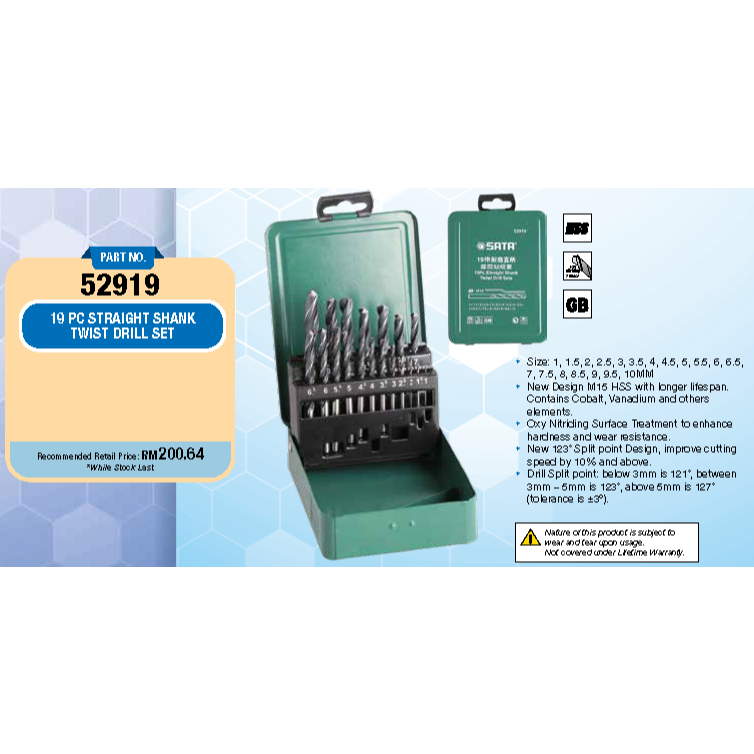SATA 52919 19Pcs Straight Shank Drill Bit Sets | Shopee Malaysia