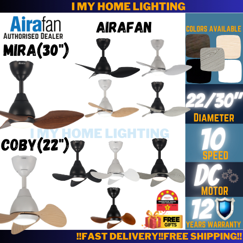 AiraFan Coby 22" Mira 30" mini ceiling fan DC motor 3 blade with light ...