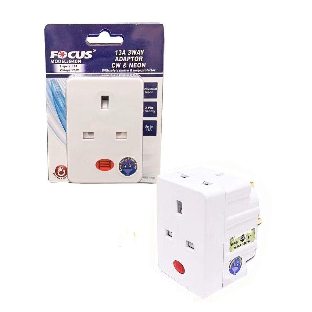 Mkr Focus 13a 3 Way Multiple Adapter 3 Gang Pin Socket Plug Switch Multi Adaptor Soket Suis