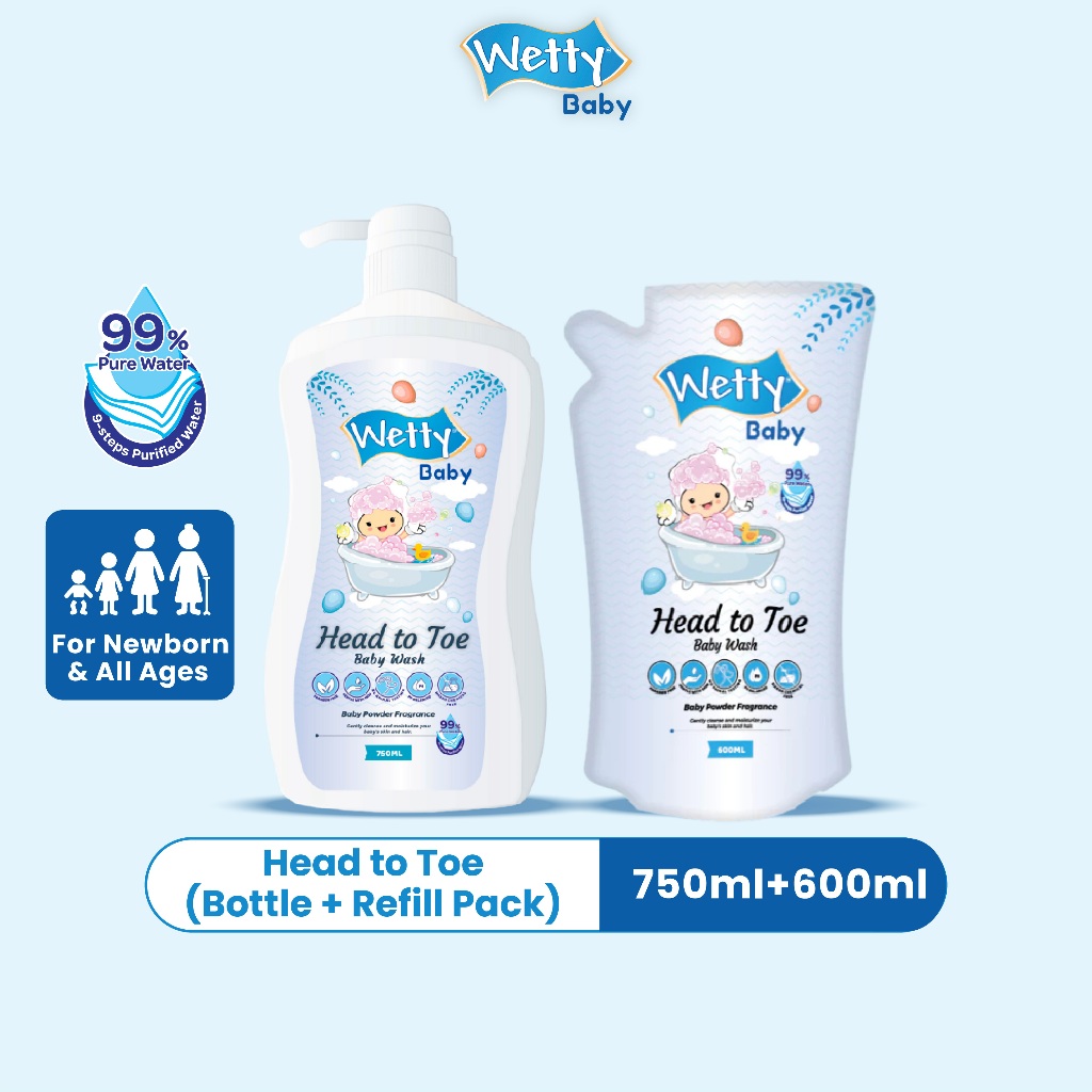 Wetty Baby Head To Toe Baby Wash (Bottle 750ml + Refill Pack 600ml ...