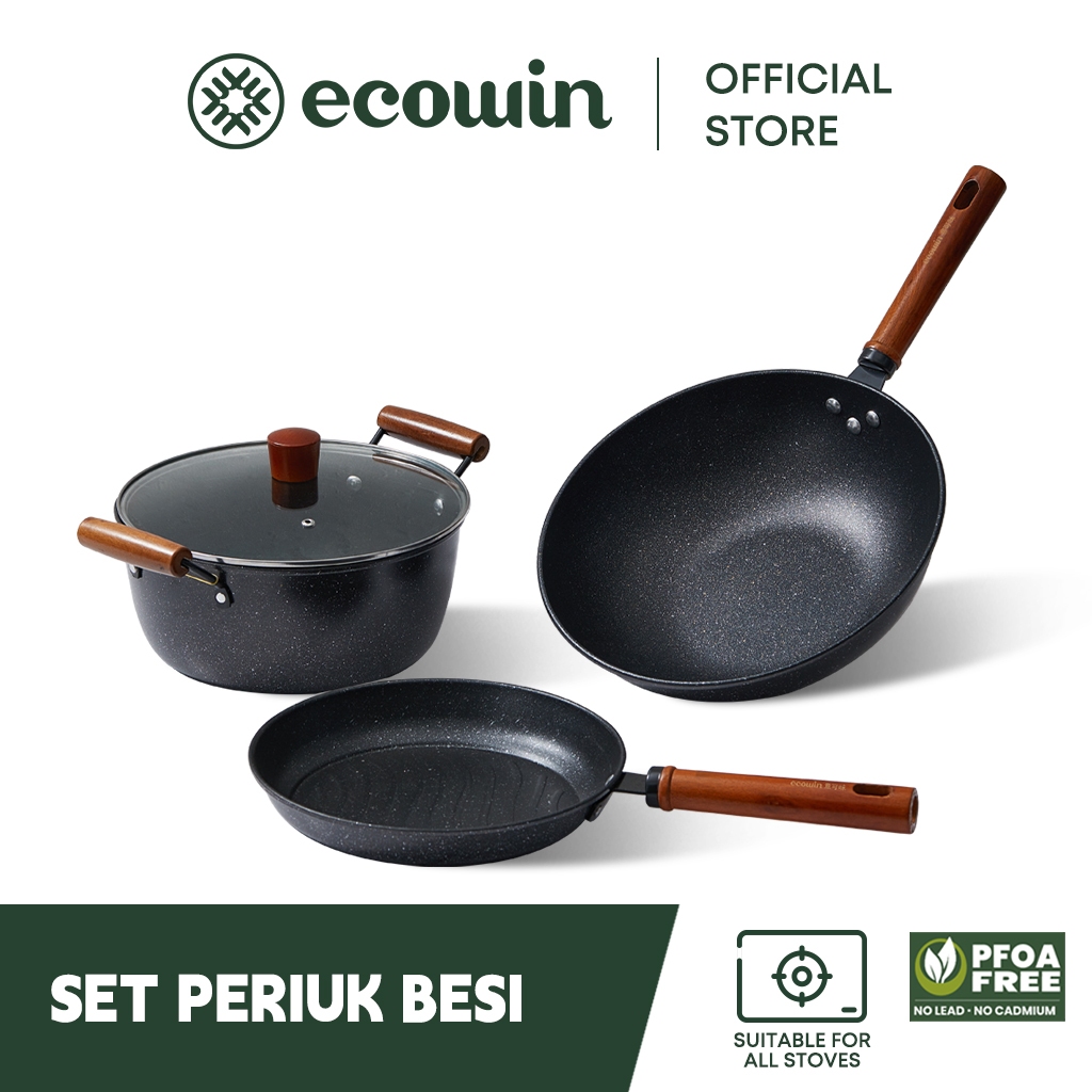 Ecowin Cookware Iron Pan Set - Wok + Frying Pan + Stock Pot No Pfoa No ...