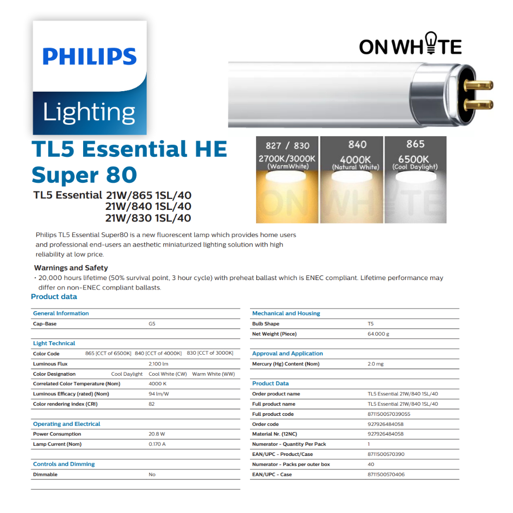 PHILIPS T5 TUBE 21W 3FEET 3000K-WARMWHITE /4000K-COOLWHITE / 6500K ...