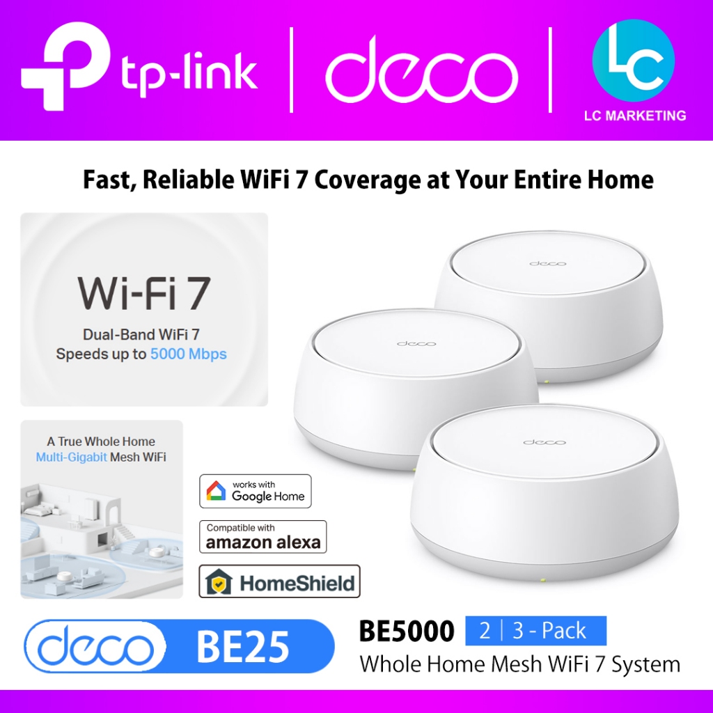 TP-Link Deco BE25 BE5000 WiFi 7 Whole Home AI-Driven Mesh WiFi Router with Homeshield (2 Pack/3 ...