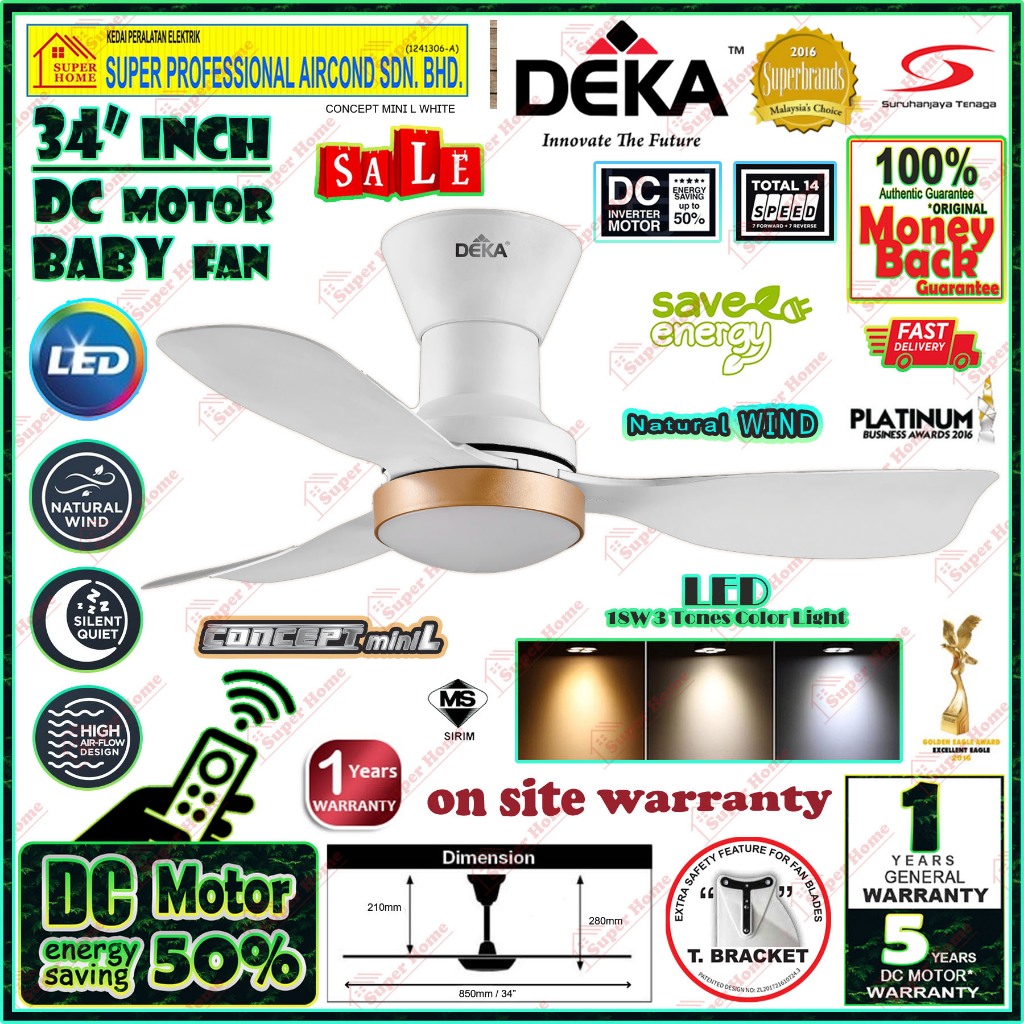 Deka Baby Fan CONCEPT MINI L (White) 34 inch LED Light DC Motor Ceiling ...