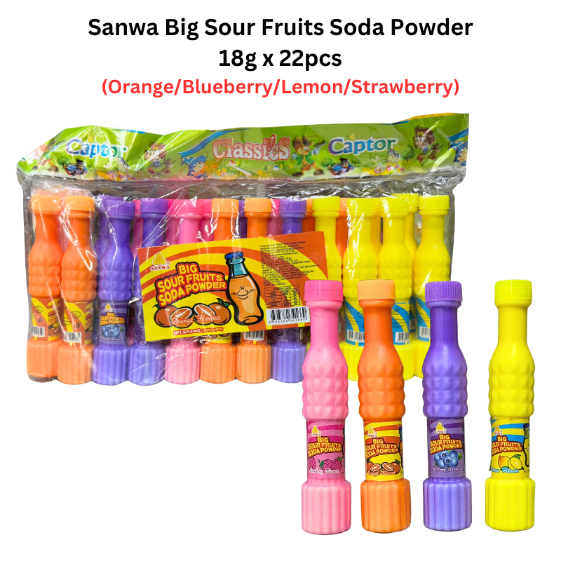 *Halal* Sanwa Big Sour Fruits Soda Powder 18g x 22pcs (Orange/Blueberry ...