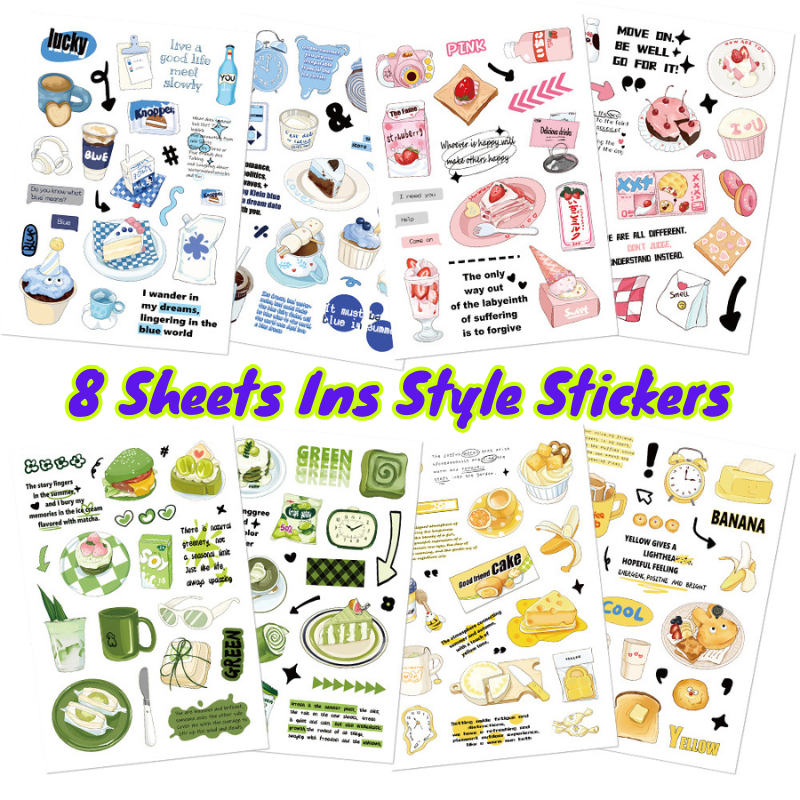 8 Sheets Ins Style Stickers 100+pcs Waterproof Stickers No Repeating ...