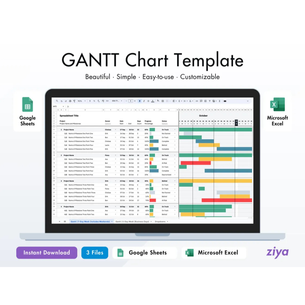 Simple Gantt Chart Google Sheets, Microsoft Excel, 7-Day Week, 5-Day ...