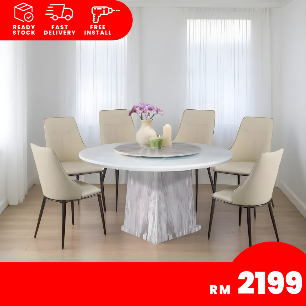 I HOME CHRIS Rotating Top Round Fully Marble Dining Table Set 6 Chairs ...