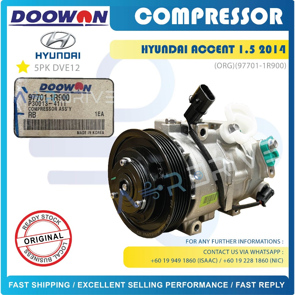 ORIGINAL DOOWON HYUNDAI ACCENT 1.5 2014 5PK DVE12 COMPRESSOR ( 97701-1R900 ) | Shopee Malaysia
