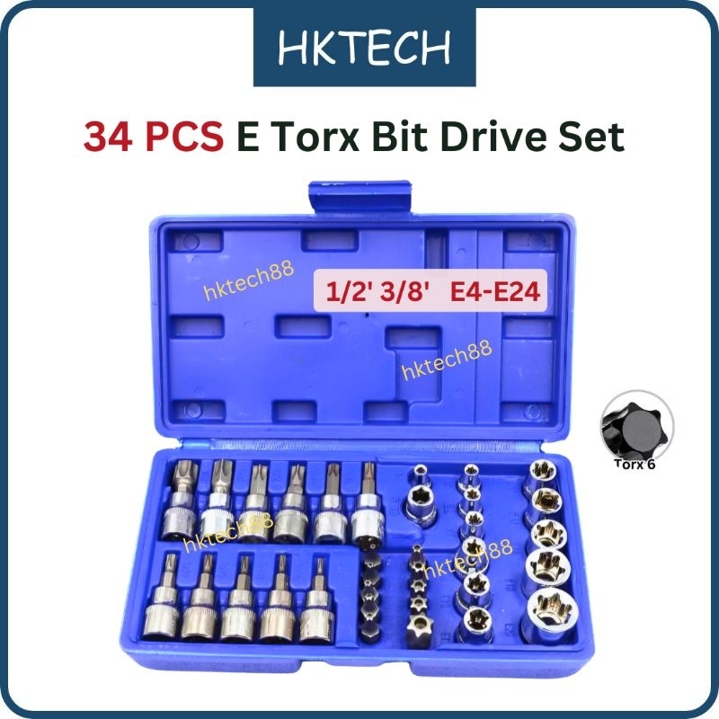 34 Pcs E Torx Bit Drive Set 1/4",3/8"E4-E24 E Torx Star Female Bit ...