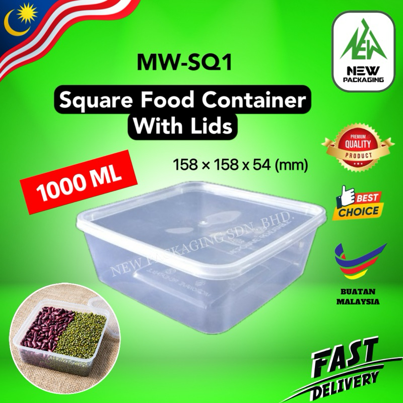 MW-SQ1 Square Plastic Food Container with Lids 1000ML [10/50 Sets ...