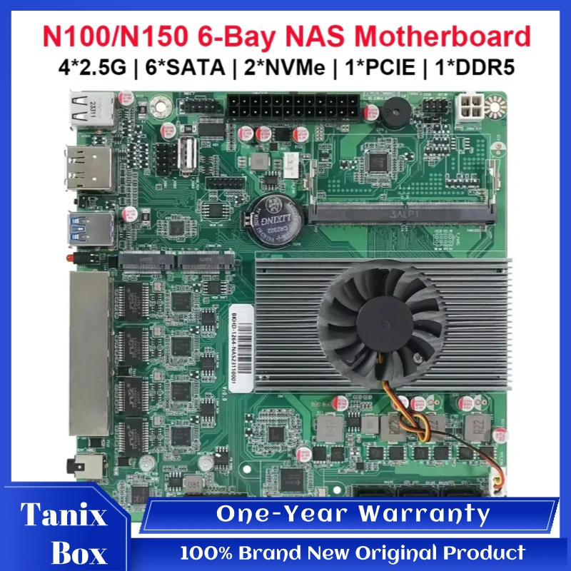 NAS Motherboard Intel N150/N100 6-Bay 6*SATA3.0 2*M.2 NVMe 4*2.5G Nics 1*PCIE X1 1*DDR5 Low ...