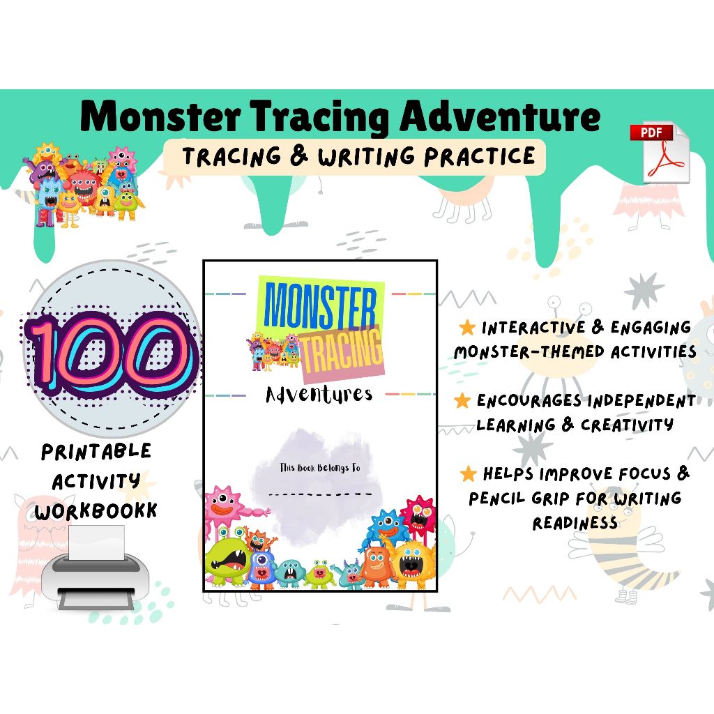 Tracing pdf monster adventure, writing practice worksheets, tracing ...