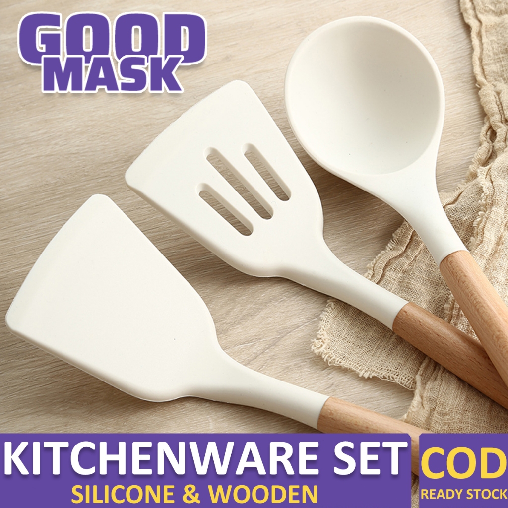 White Wooden Handle Silicone 4PCS Kitchenware Set Food Grade Health ...