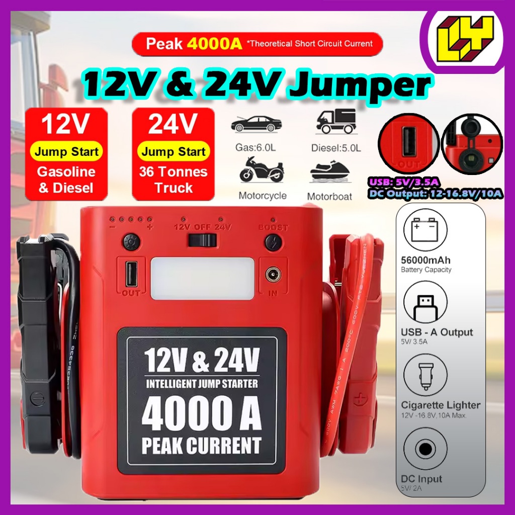 24V Battery Jumper for Lorry (4000A Peak) Car Jumpstarter Power Bank ...