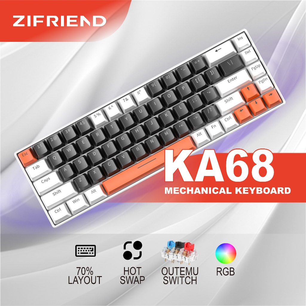ZIFRIEND KA68 mechanical keyboard rainbow backlit hotswap red switch ...