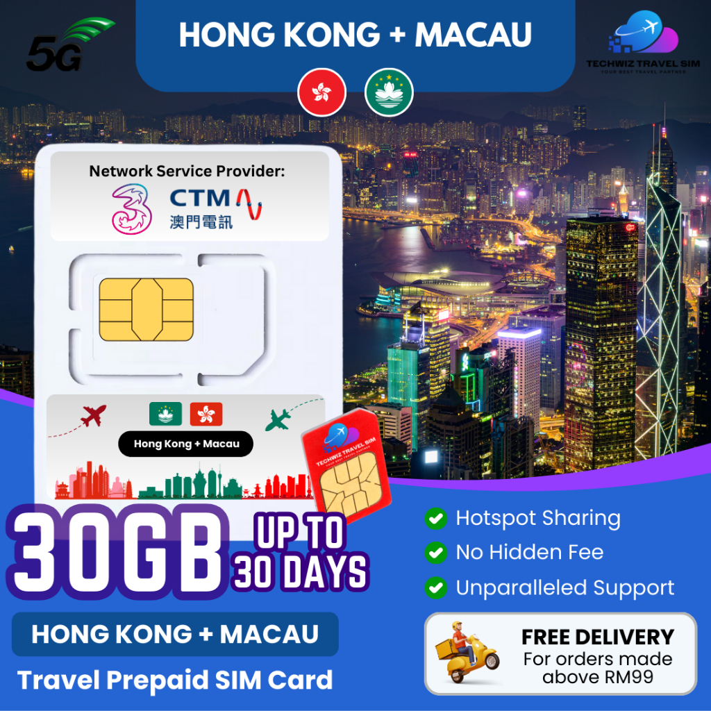 【香港澳门 Hong Kong + Macau SIM Card】【30GB + Unlimited】【⚡Hotspot】Hong Kong Macau Travel Prepaid SIM ...