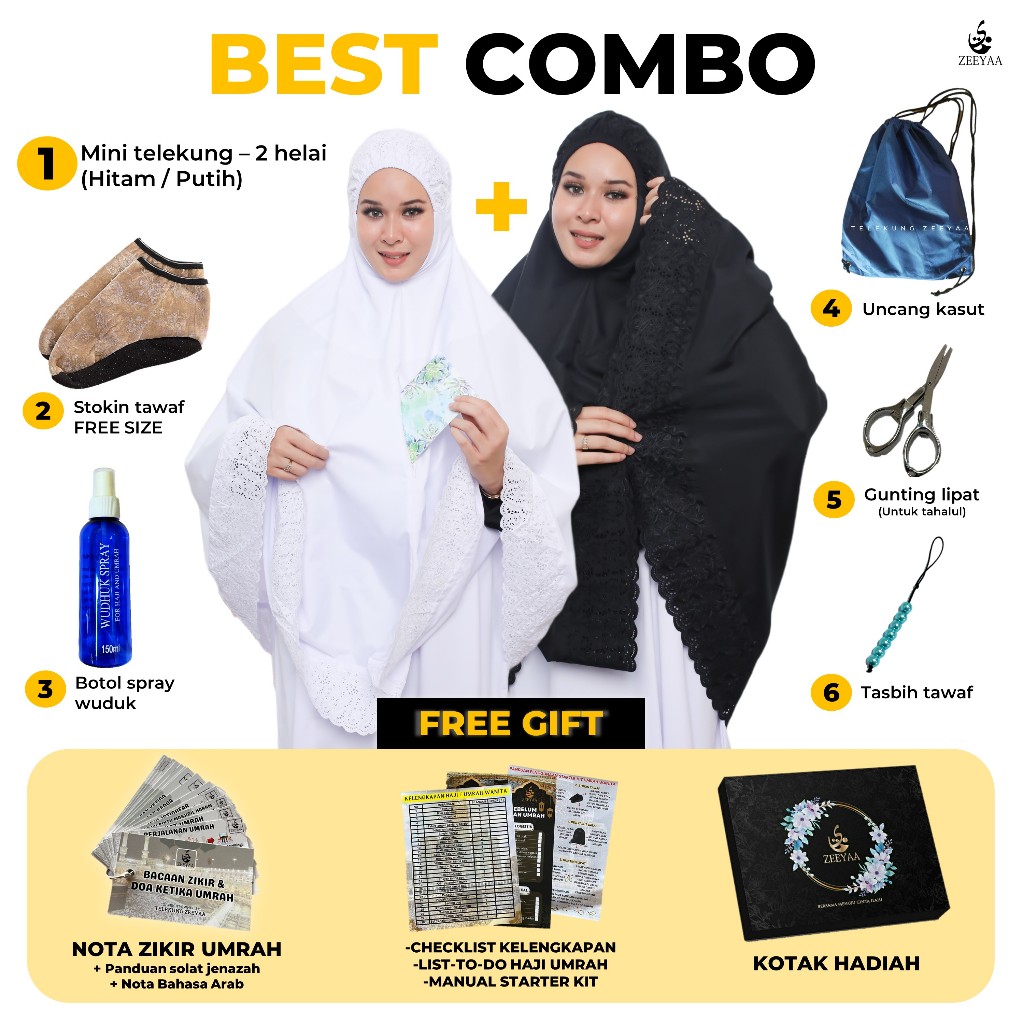 PLUS SIZE - Starter Kit Mini Telekung Umrah Berpoket Set Umrah Wanita ...
