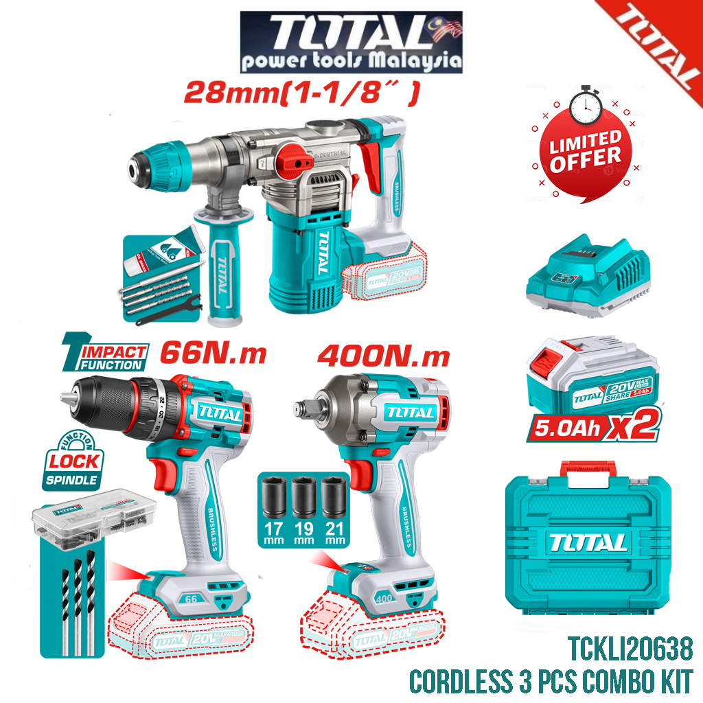 Total Cordless Limited 3pcs Combo Set with Hammer Drill (28mm ...