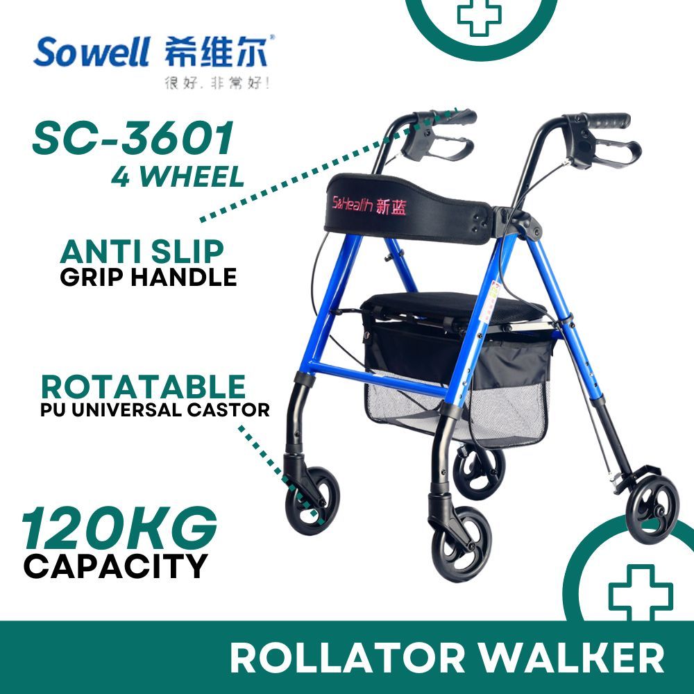 S & Health 4 Wheel Rollator Double Castor Deluxe Walker 2 Wheel ...