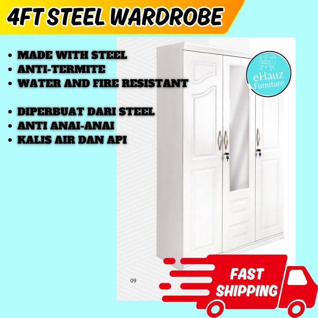 eHauz 4 FT Steel Wardrobe/Almari Besi Anti Anai/Anti-Termite/Water ...